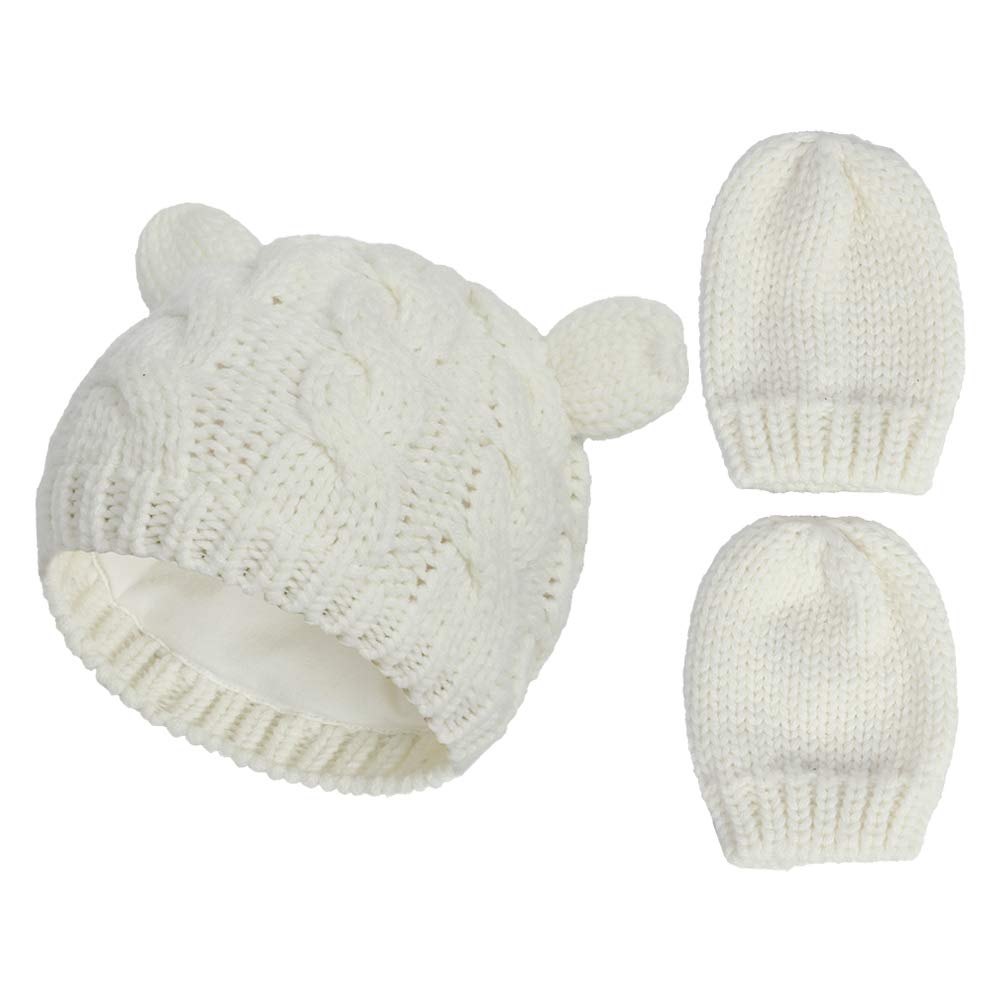 Fynnsure Baby Hat Glove Set Soft Newborn Mittens Baby Girl Boys Knitted Toddler Cap Infant Winter Beanie Mitten Sets White M