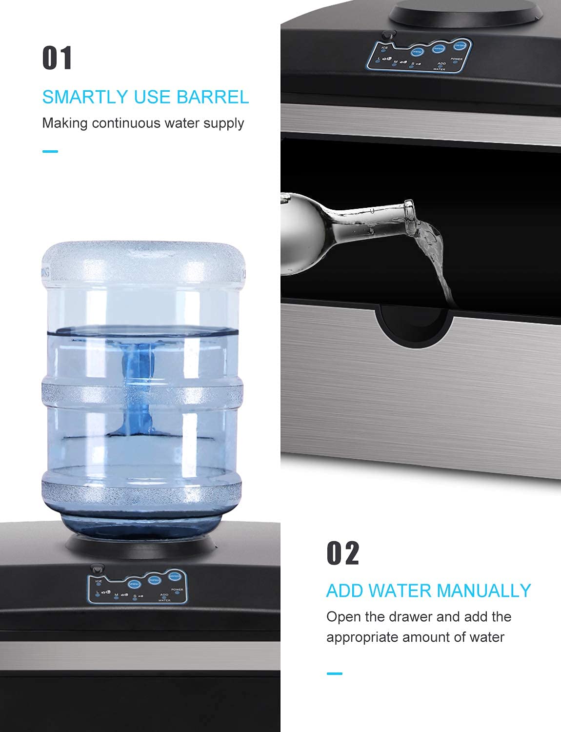 2 in 1 Ice Maker Countertop, 48LBS/24H Automatic Ice Stainless Steel Machine with Water Dispenser, ready in 8 Minutes, with Ice Scoop and 2.6 lb Ice Storage