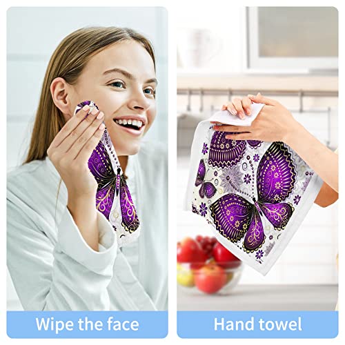 Kigai 4 Pack Purple Butterfly Washcloths – Soft Face Towels, Gym Towels, Hotel and Spa Quality, Reusable Pure Cotton Fingertip Towels