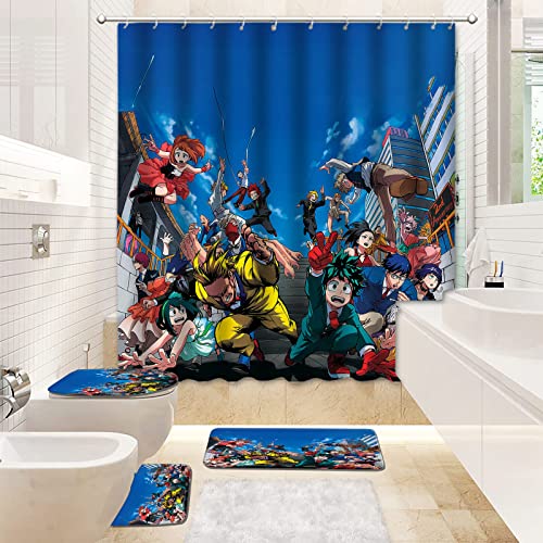 Hienei 4Pcs Bathroom Shower Curtain Sets with Rugs and Accessories Anime 3D Printing Washable Waterproof Cloth 100% Polyester Fabric Bathroom Decorations