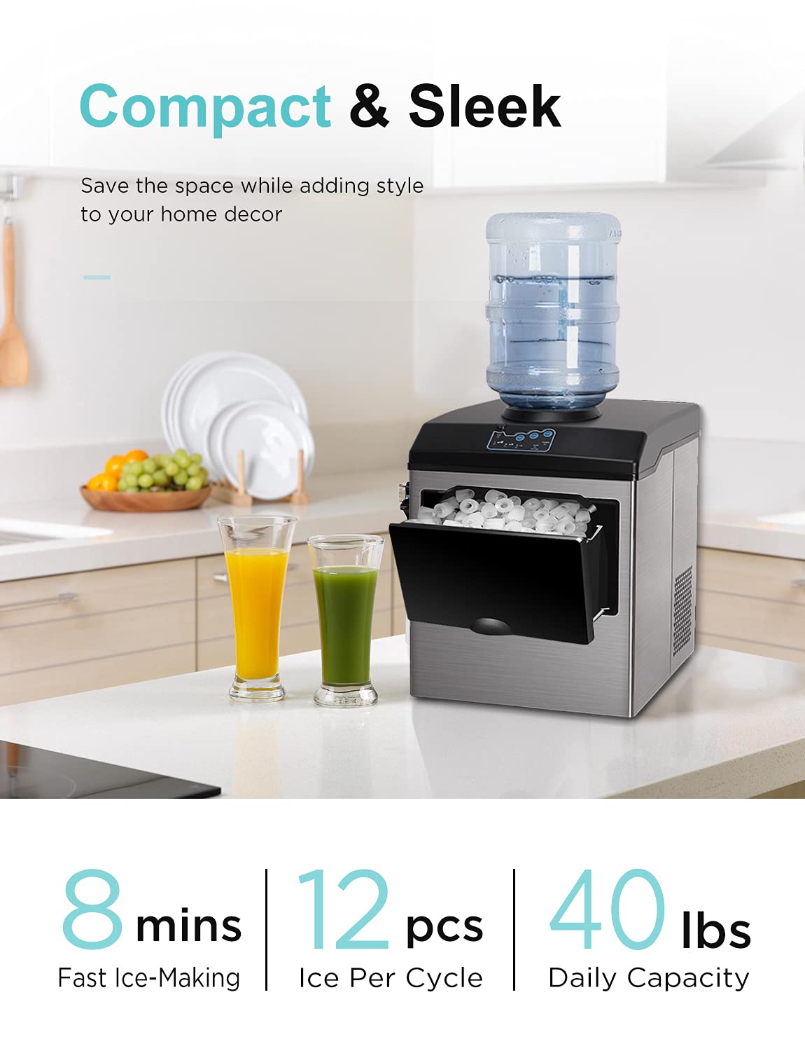 2 in 1 Ice Maker Countertop, 48LBS/24H Automatic Ice Stainless Steel Machine with Water Dispenser, ready in 8 Minutes, with Ice Scoop and 2.6 lb Ice Storage
