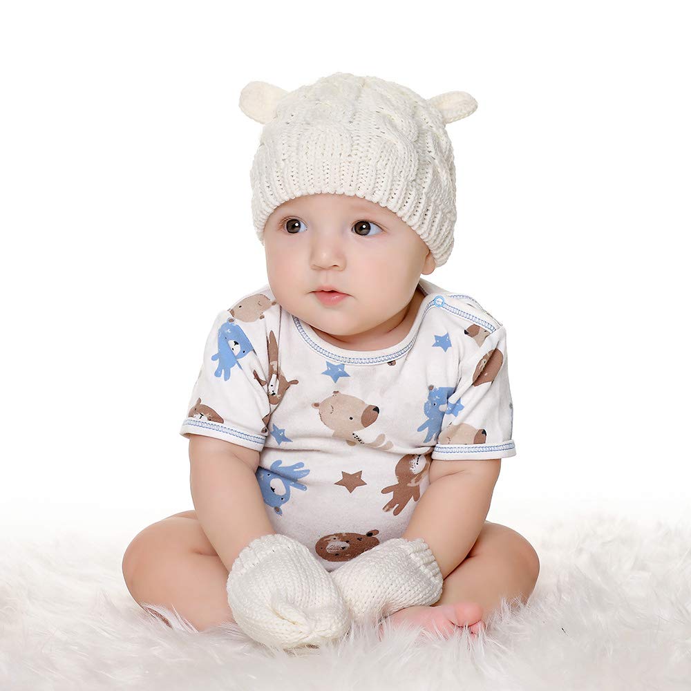 Fynnsure Baby Hat Glove Set Soft Newborn Mittens Baby Girl Boys Knitted Toddler Cap Infant Winter Beanie Mitten Sets White M