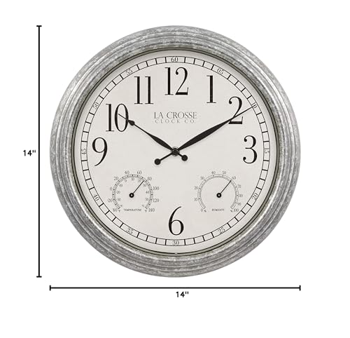 La Crosse 433-3236 14-inch Silas Indoor/Outdoor Galvanized Analog Quartz Wall Clock, Silver