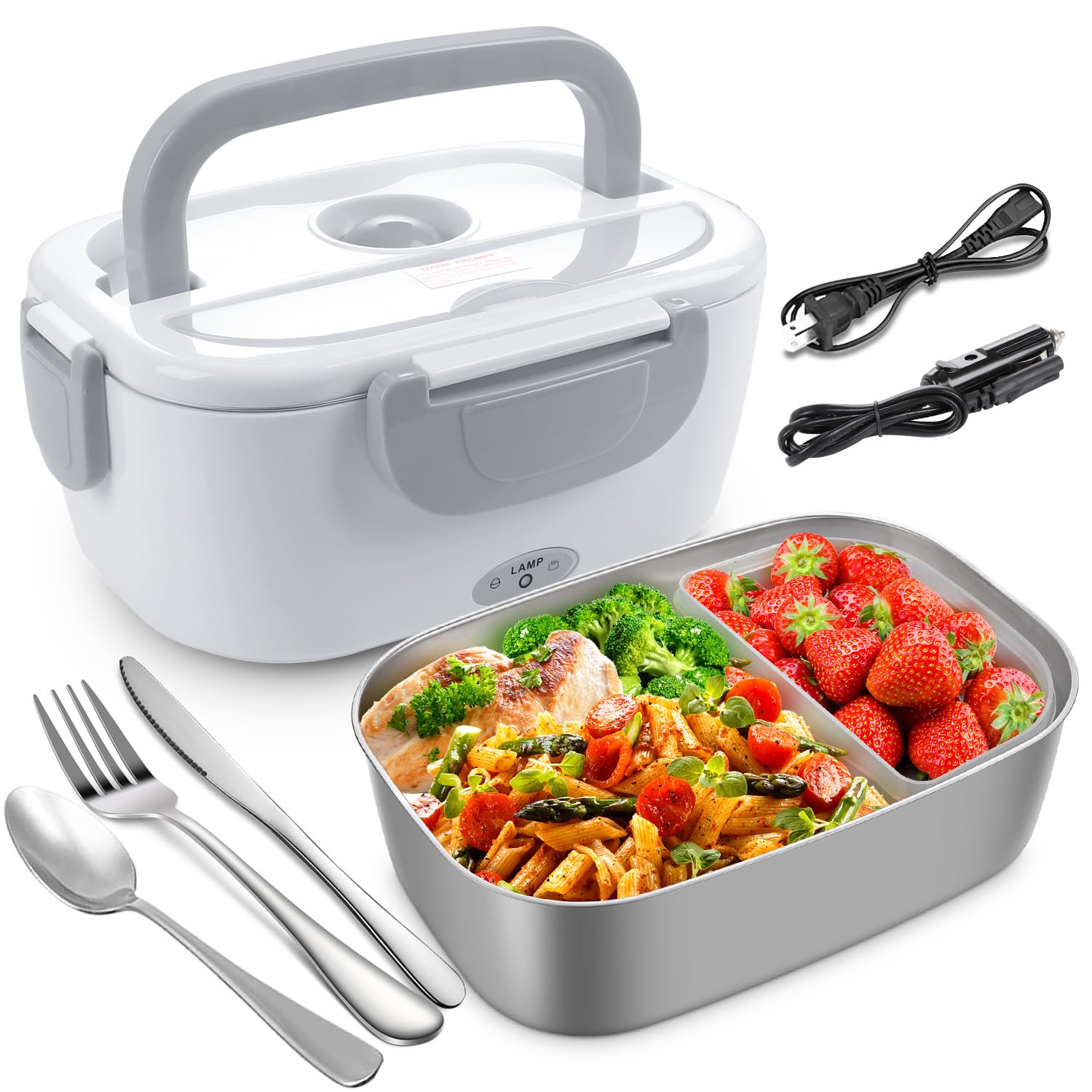 Electric Lunch Box for Car and Home, Work Office - 12V-24V/110V Portable Food Warmer Heater Lunch Box for Men & Adults With 304 Food-Grade Stainless Steel Container 1.5L, SS Fork & Spoon - Grey