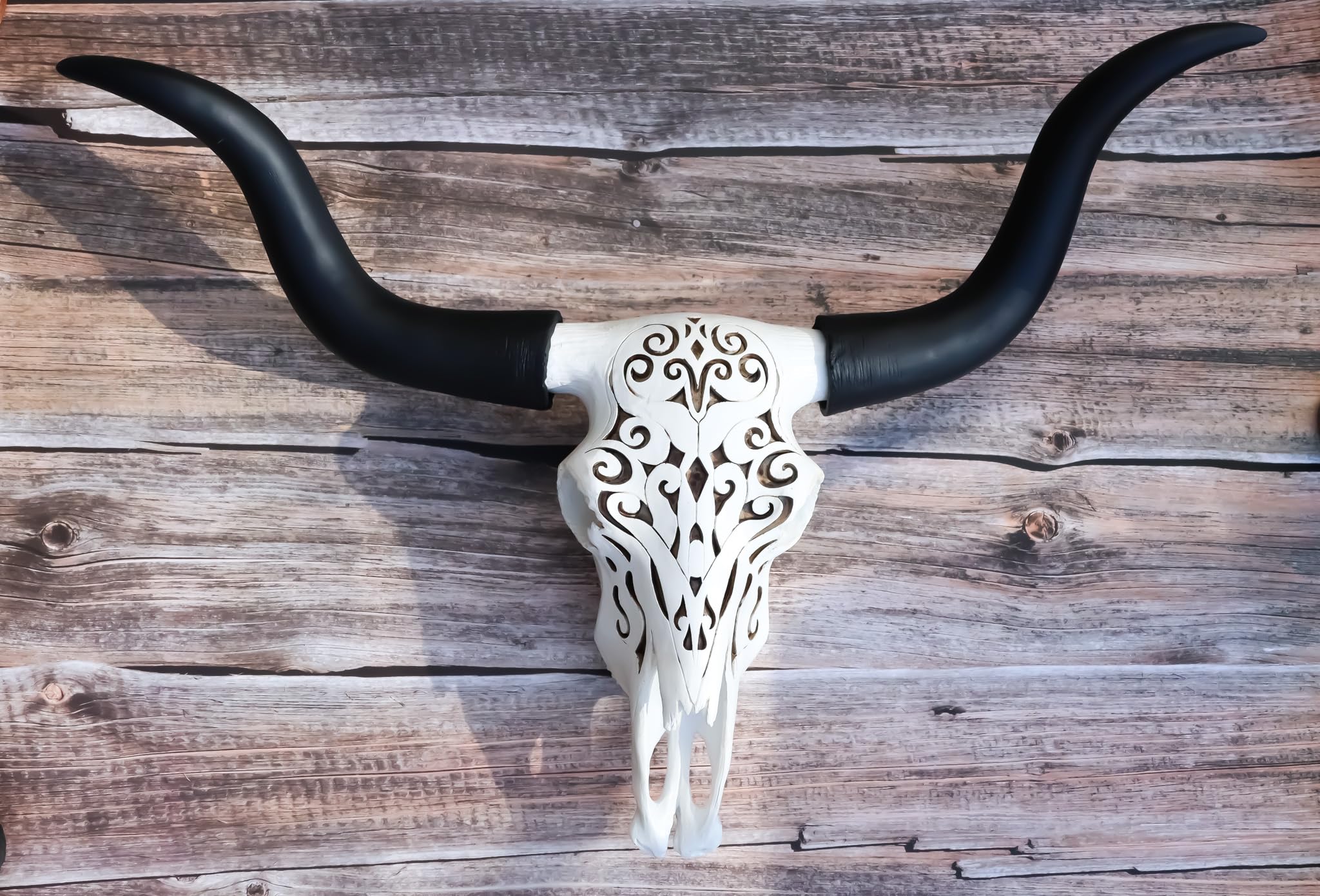 Ebros 27.5" Wide Southwest Rustic Off White Steer Bison Buffalo Bull Cow Horned Skull Head With Scroll Lace Filigree Design Hanging Wall Mount Decor Native Animal Totem Bust Skulls Western Accent