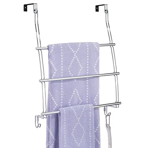 mDesign Adjustable Metal Over Door Towel Rack Holder for Shower and Bath, 3 Tier Rod Hanger with 2 Hooks for Bathroom - Hang Towel, Blanket, Washcloths, Loofahs, Sponges on Back of Door - Chrome