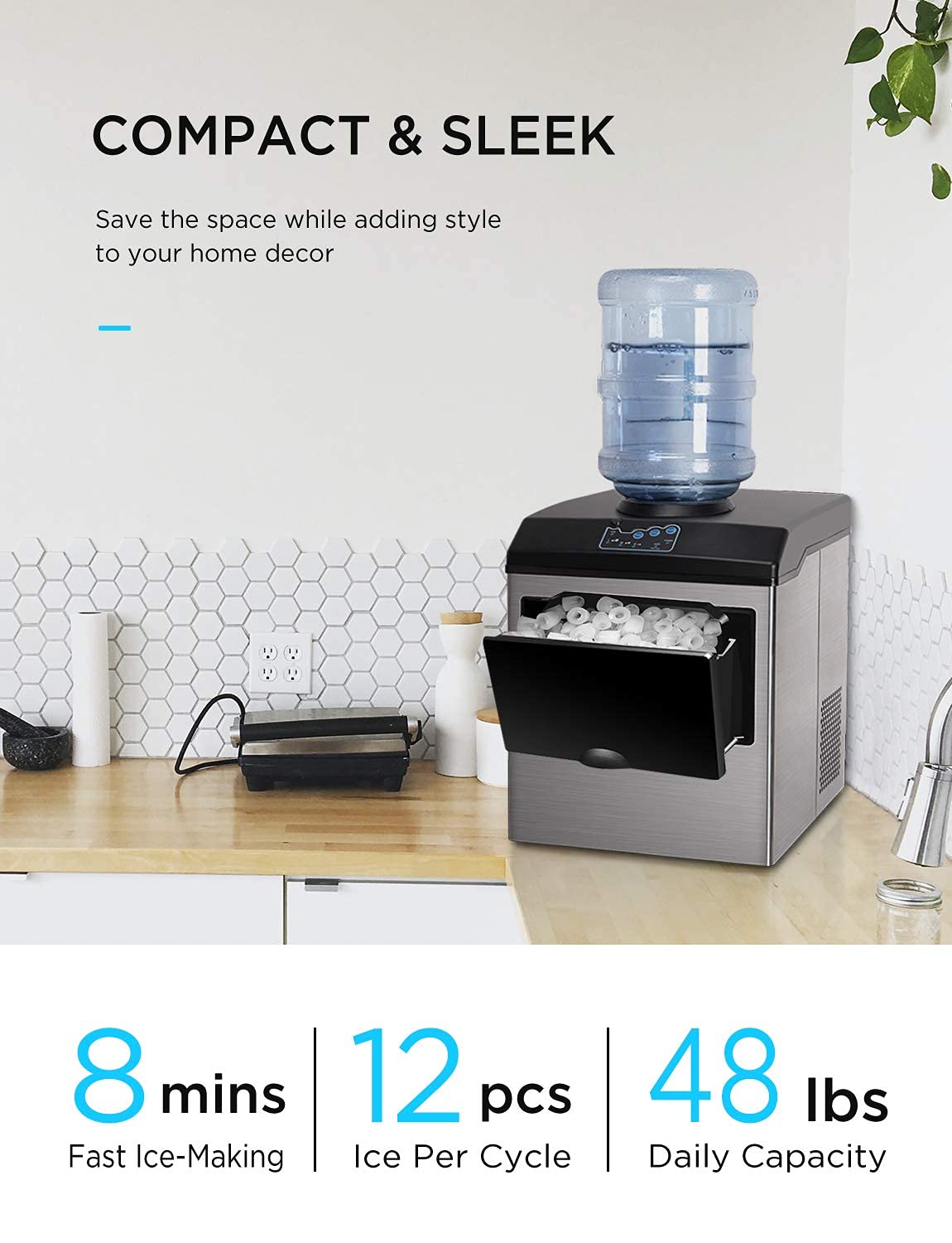 2 in 1 Ice Maker Countertop, 48LBS/24H Automatic Ice Stainless Steel Machine with Water Dispenser, ready in 8 Minutes, with Ice Scoop and 2.6 lb Ice Storage
