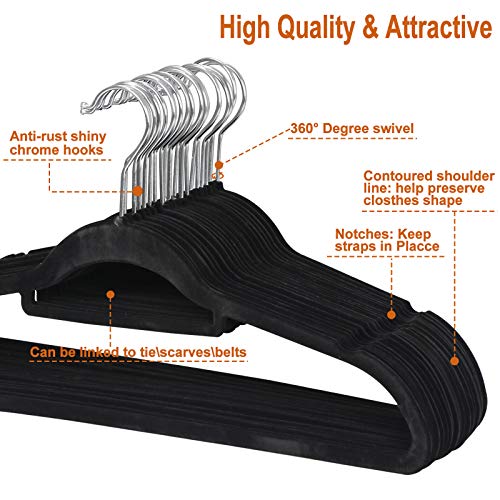 Velvet Hangers 100 Pack, Premium Velvet Hanger Non-Slip, 360° Degree Rotatable Hook, Space Saving Clothes Hanger (Black)