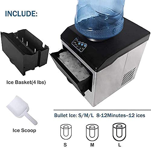 2 in 1 Ice Maker Countertop, 48LBS/24H Automatic Ice Stainless Steel Machine with Water Dispenser, ready in 8 Minutes, with Ice Scoop and 2.6 lb Ice Storage