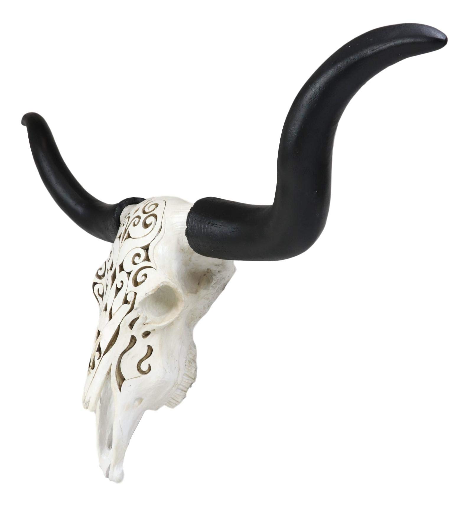 Ebros 27.5" Wide Southwest Rustic Off White Steer Bison Buffalo Bull Cow Horned Skull Head With Scroll Lace Filigree Design Hanging Wall Mount Decor Native Animal Totem Bust Skulls Western Accent
