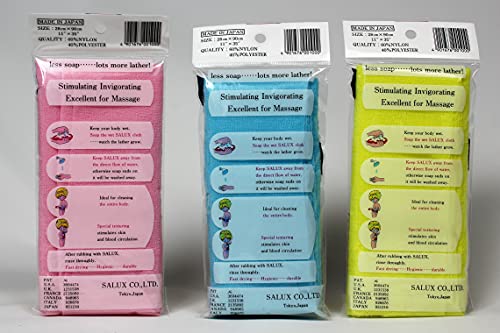 SALUX Nylon Japanese Beauty Skin Bath Wash Cloth Towel 3 Count Pink Yellow Blue