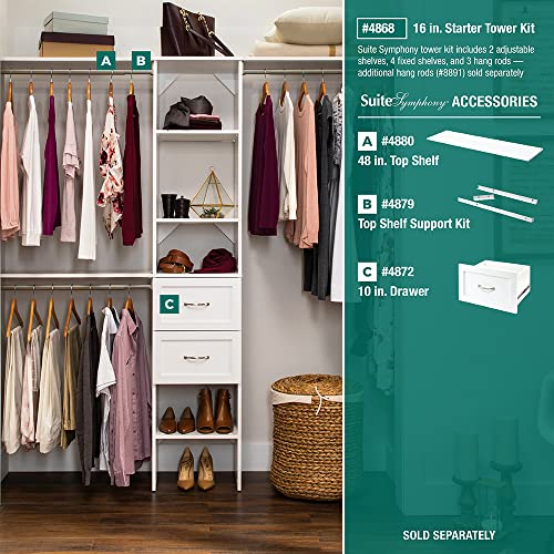 ClosetMaid SuiteSymphony Wood Drawer Add On Accessory, Shaker Style, for Storage, Closet, Clothes, 16" X 10", Pure White