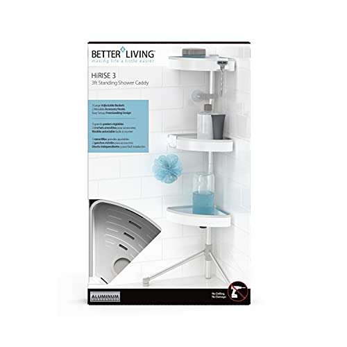 Better Living Making Life A Little Easier HiRISE 3 70053 Free Standing 3 Foot Corner Shower Caddy Rust Free Aluminum Bathroom Shower Caddy Organizer with Adjustable Hooks and Baskets, White