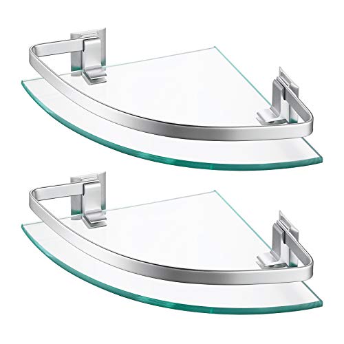 KES Glass Corner Shelf Bathroom, Corner Shower Shelf with Rail Wall Mount 2 Tier Sand Sprayed Silver Finish, A4120A-P2