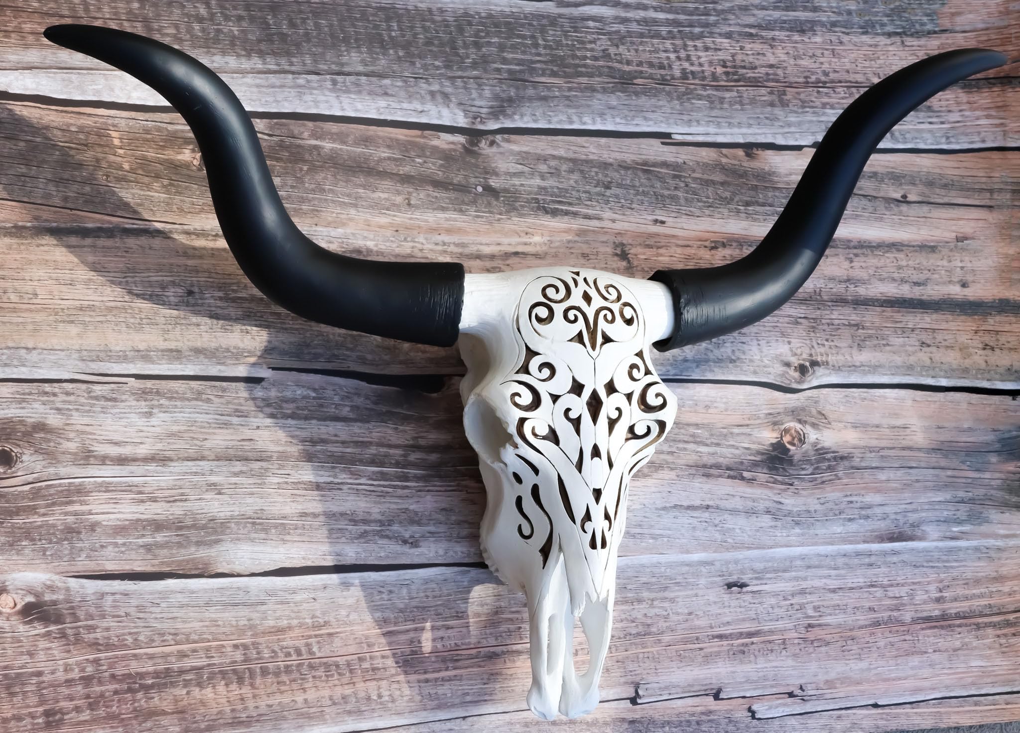 Ebros 27.5" Wide Southwest Rustic Off White Steer Bison Buffalo Bull Cow Horned Skull Head With Scroll Lace Filigree Design Hanging Wall Mount Decor Native Animal Totem Bust Skulls Western Accent
