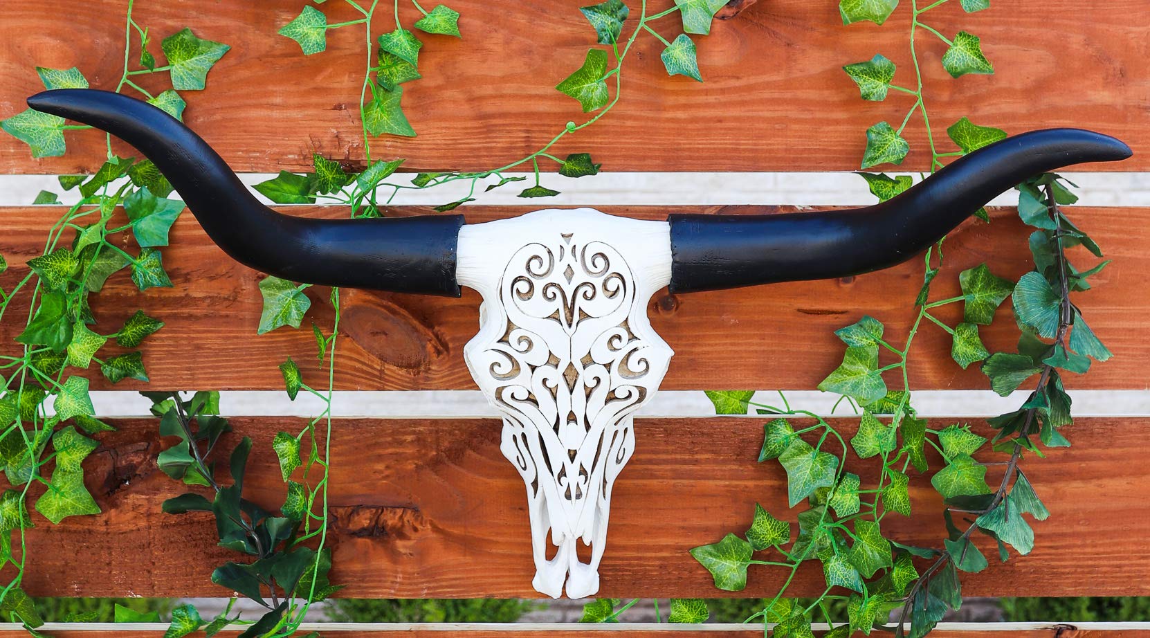 Ebros 27.5" Wide Southwest Rustic Off White Steer Bison Buffalo Bull Cow Horned Skull Head With Scroll Lace Filigree Design Hanging Wall Mount Decor Native Animal Totem Bust Skulls Western Accent