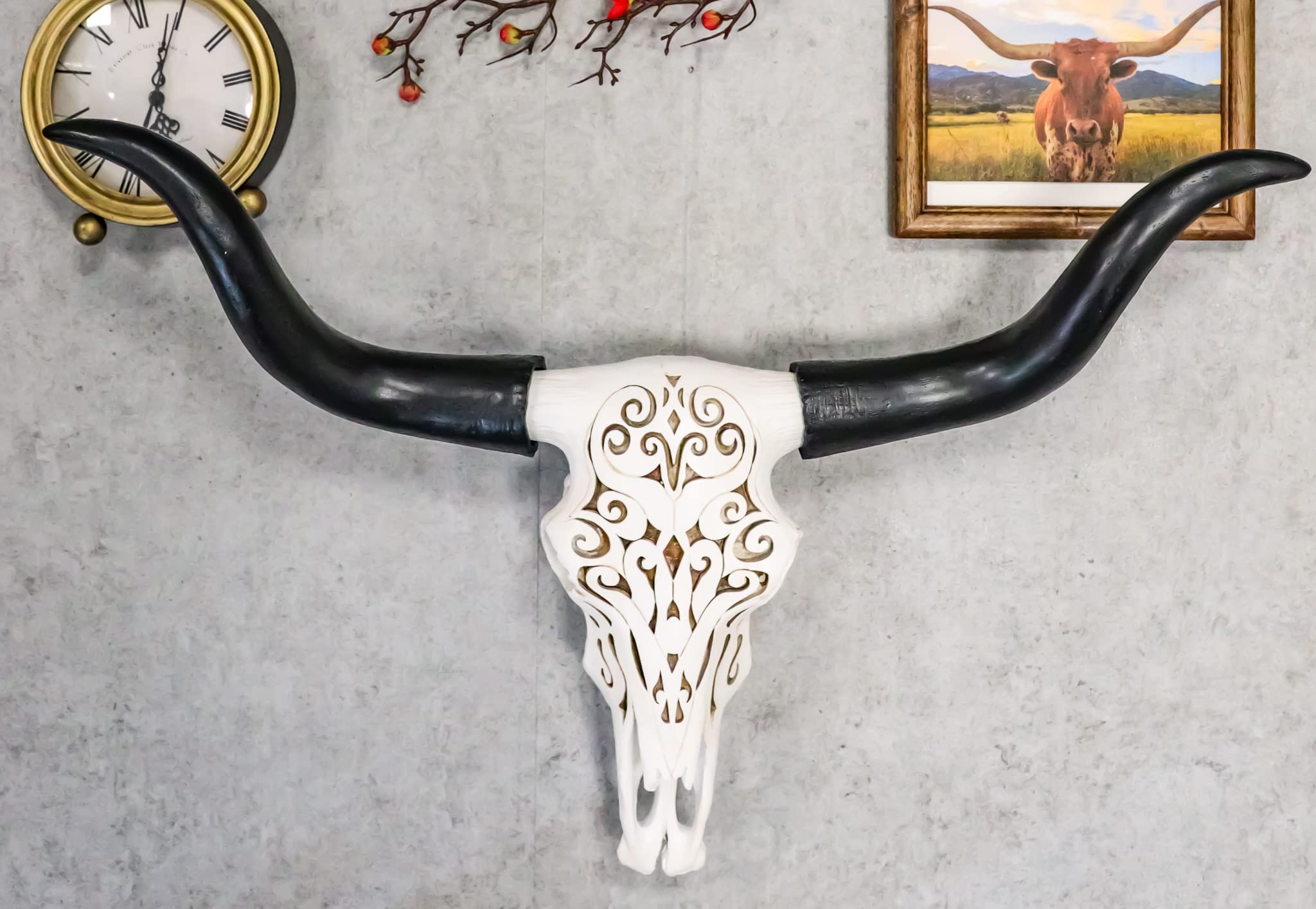 Ebros 27.5" Wide Southwest Rustic Off White Steer Bison Buffalo Bull Cow Horned Skull Head With Scroll Lace Filigree Design Hanging Wall Mount Decor Native Animal Totem Bust Skulls Western Accent