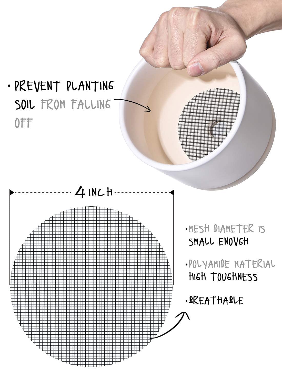 LE TAUCI Plant Pot Hole Mesh Pads, 4-Inch Round Flower Pot Drainage Covers, Prevent Soil Loss, Durable Reusable, Bonsai Bottom Grid Mat, Gardening Essentials, 50-Pack