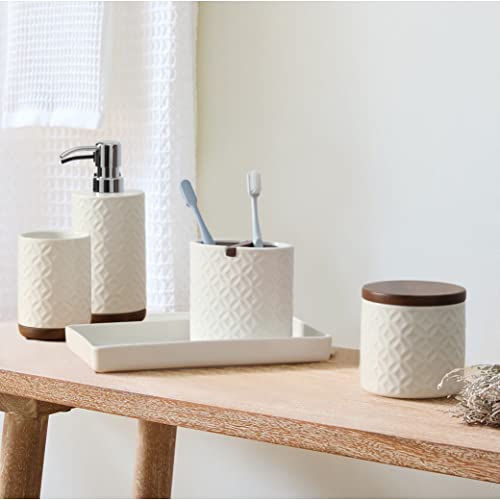 Motifeur Bathroom Accessories Set, 5-Piece Ceramic and Wood Bath Accessory Complete Set with Lotion Dispenser/Soap Pump, Cotton Jar, Vanity Tray, Tumbler and Toothbrush Holder (White and Beige)