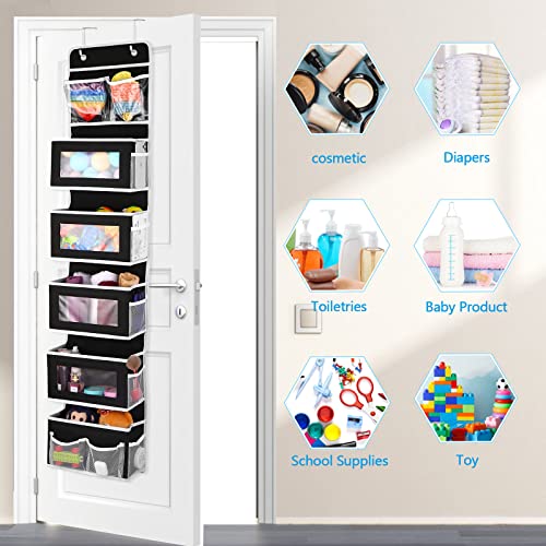 Meirenda Over the Door Hanging Organizer with 5 Large Clear Window Nursery Closet Baby Wall Mount Hanging Door Organizer Storage for Bedroom, Bathroom, Kitchen, Closet and Dorm with 19 Pockets (Black)