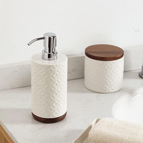Motifeur Bathroom Accessories Set, 5-Piece Ceramic and Wood Bath Accessory Complete Set with Lotion Dispenser/Soap Pump, Cotton Jar, Vanity Tray, Tumbler and Toothbrush Holder (White and Beige)