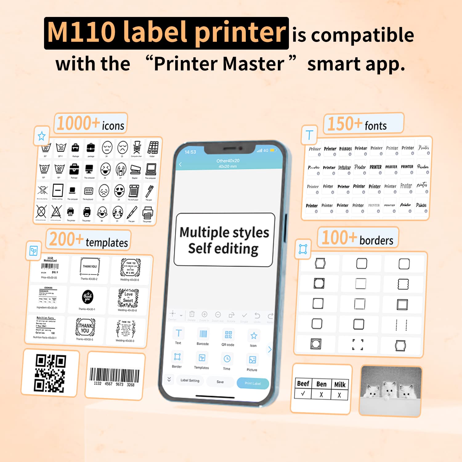 Label Maker Machine,Phomemo M110 Portable Bluetooth Label Printer for Storage, Shipping, Barcode, Mailing, Office, Home, Organizing, Sticker Maker Mini Label Maker with Multiple Templates