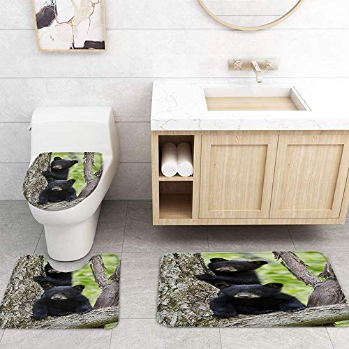 Crystal Emotion 4 Pcs Bathroom Shower Curtains Sets with Rugs, Black Bear Family Forest, Luxury Toilet Lid Cover, Bath Mat,Waterproof Fabric Shower Curtain with 12 Hooks for Hotel/Bathroom Animal