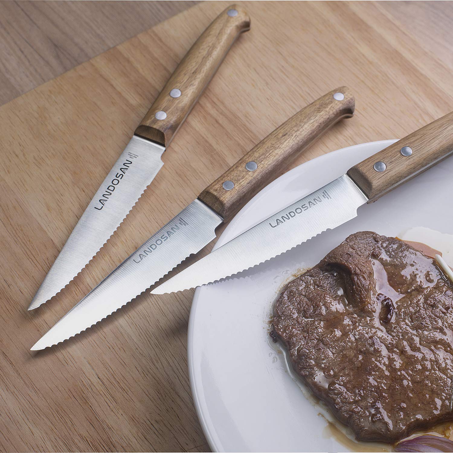 LANDOSAN Steak Knives Set of 4 Stainless Steel serrated steak knives Natural wood handle Knife Set
