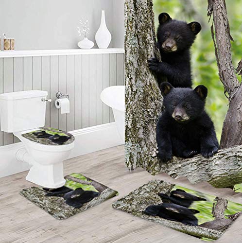 Crystal Emotion 4 Pcs Bathroom Shower Curtains Sets with Rugs, Black Bear Family Forest, Luxury Toilet Lid Cover, Bath Mat,Waterproof Fabric Shower Curtain with 12 Hooks for Hotel/Bathroom Animal