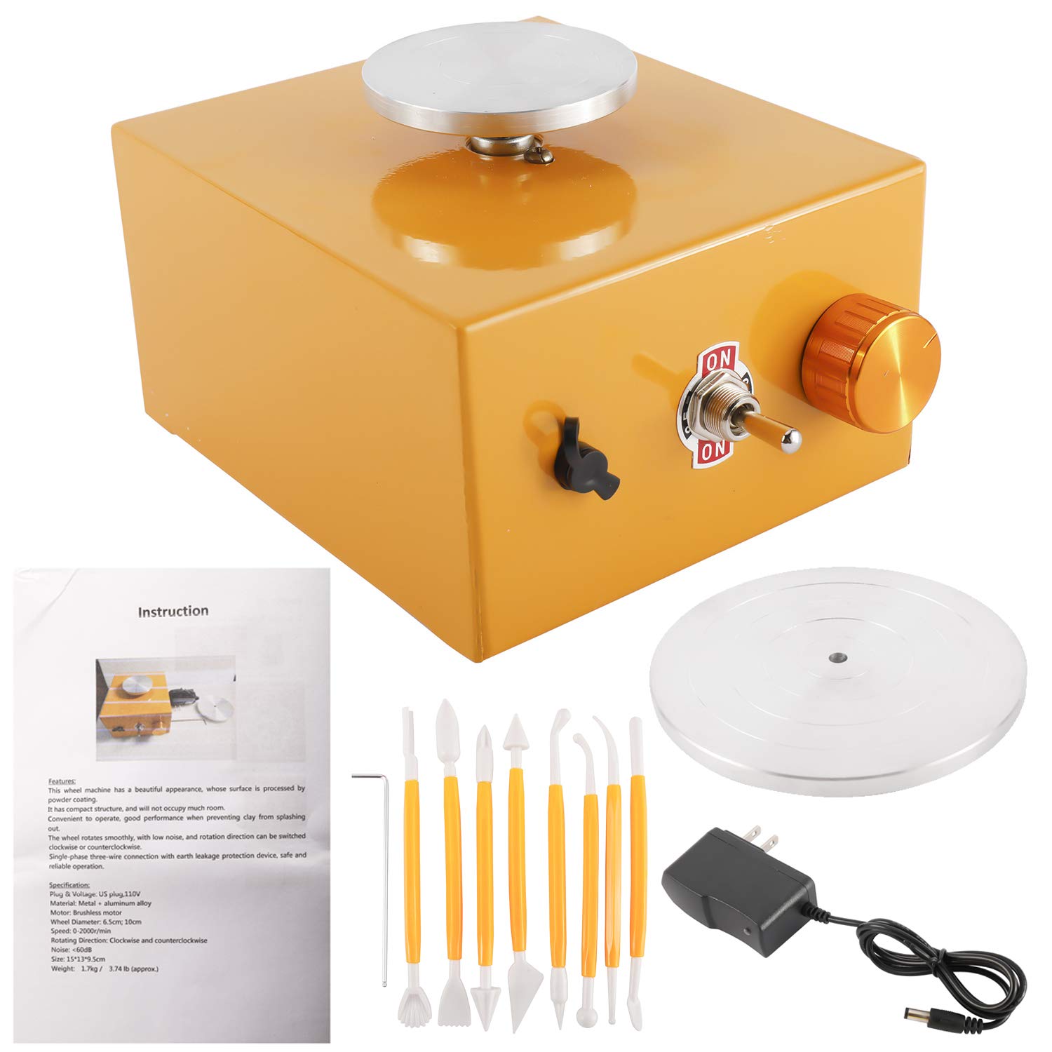 Mini Pottery Wheel Machine Electric Ceramic Work Forming Machine with 2 Mini Turntable Tray Diameter 65mm(2-7/12") &100mm (4") DIY Clay Shaping Tools (Yellow)