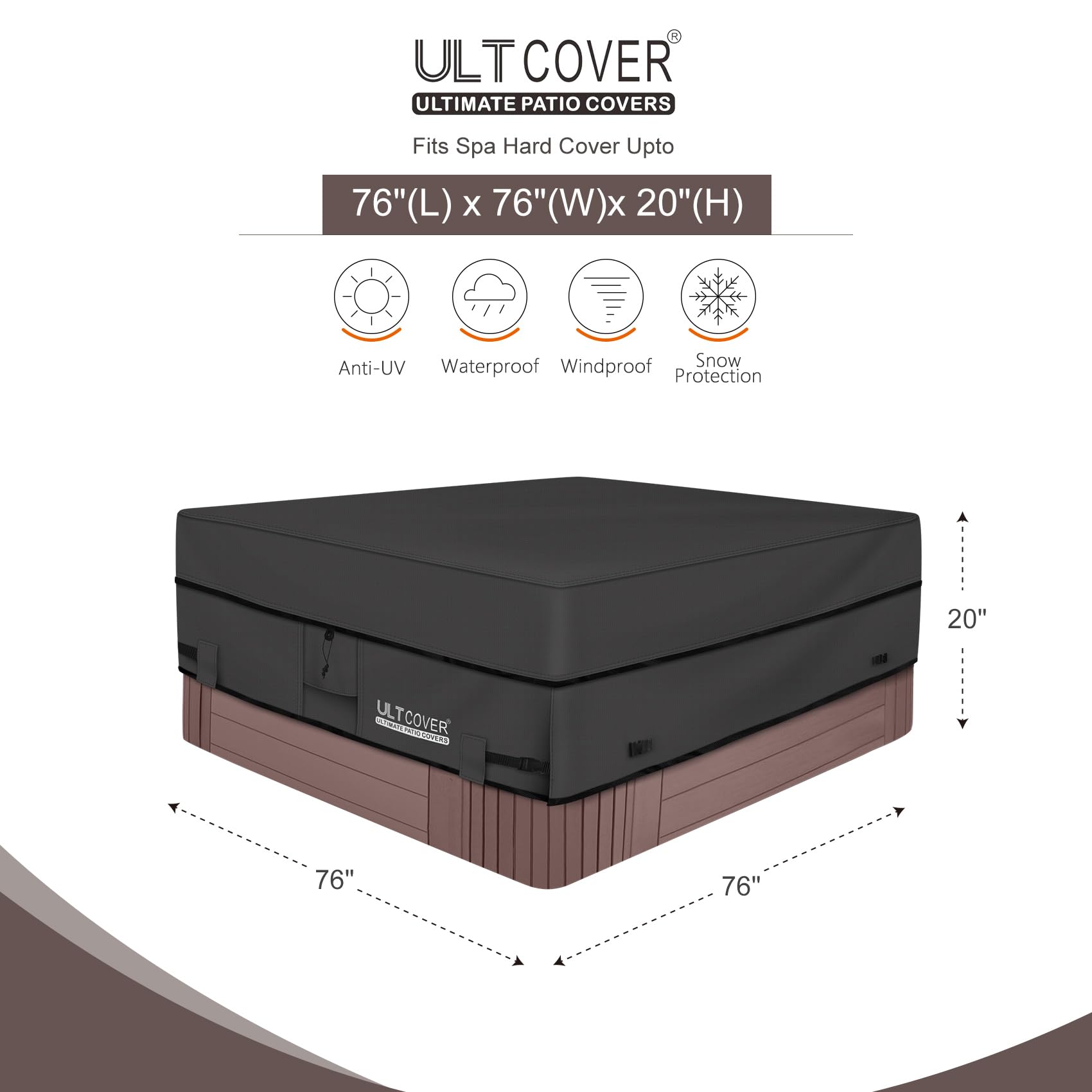ULTCOVER Waterproof 600D Polyester Square Hot Tub Cover Outdoor SPA Covers 76 x 76 inch, Black