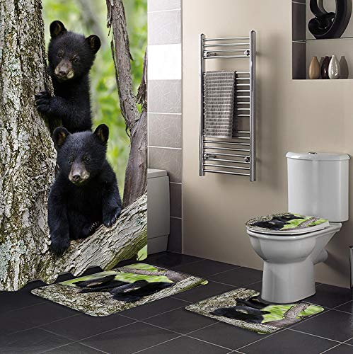 Crystal Emotion 4 Pcs Bathroom Shower Curtains Sets with Rugs, Black Bear Family Forest, Luxury Toilet Lid Cover, Bath Mat,Waterproof Fabric Shower Curtain with 12 Hooks for Hotel/Bathroom Animal