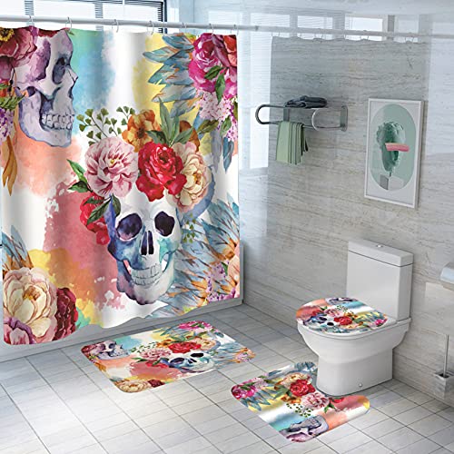 Floral Sugar Skull Shower Curtain Sets with Non-Slip Rugs,Toilet Lid Cover and Bath Mat,Colorful Skulls Flower Shower Curtains with 12 Hooks,Durable Waterproof Bath Curtain Decor,Skull & Flower(4pcs)