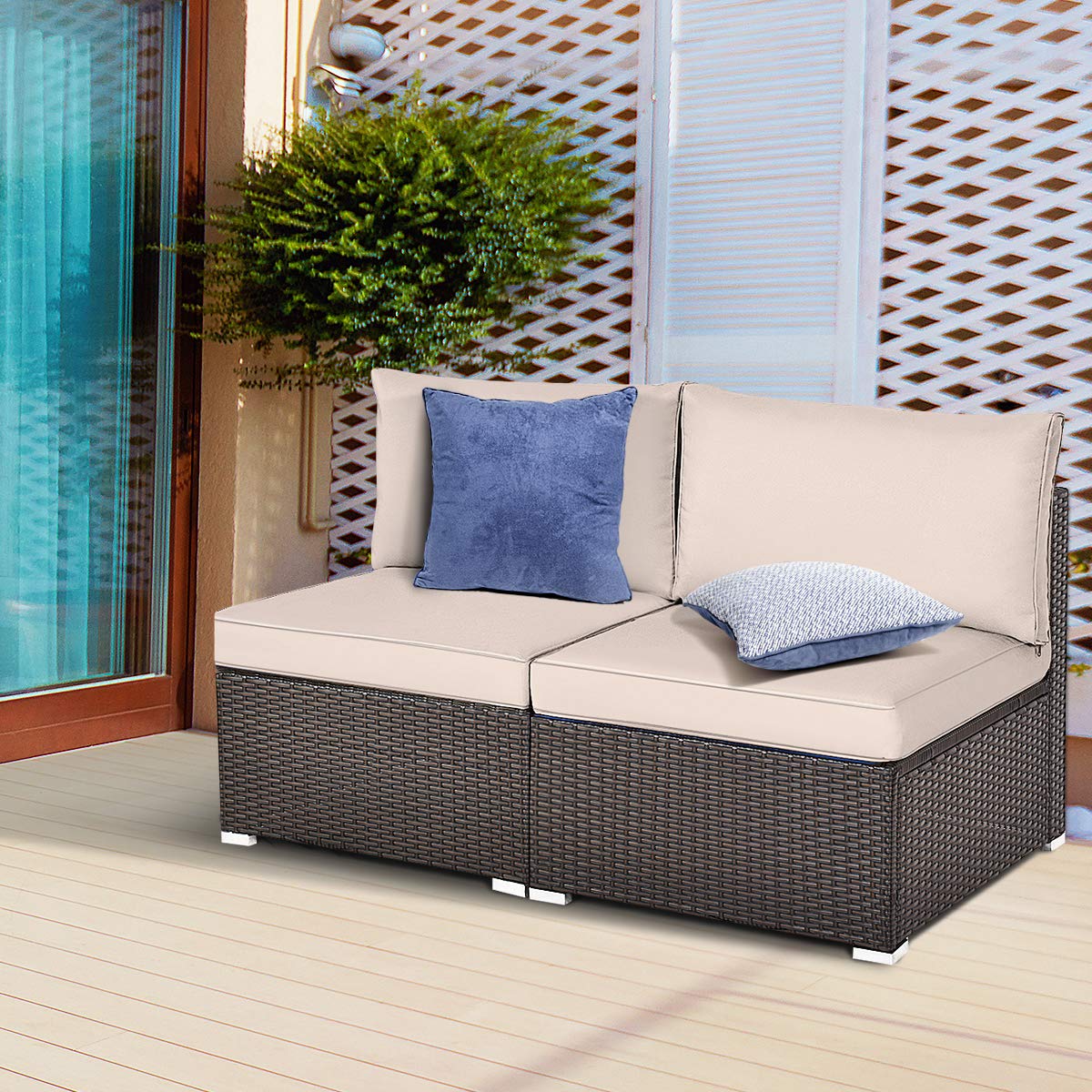 HAPPYGRILL 2PCS Patio Armless Sofa Set Outdoor Rattan Wicker Sectional Sofa Chairs with Cushions for Garden Balcony Patio Poolside