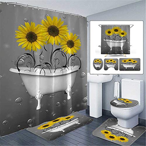AXISRC 4Pcs Set Shower Curtain Bath Mat Set Sunflower Carpet Rugs Bath Curtain Bathroom Pedestal Toilet Seat Floor Mat 71x71inches