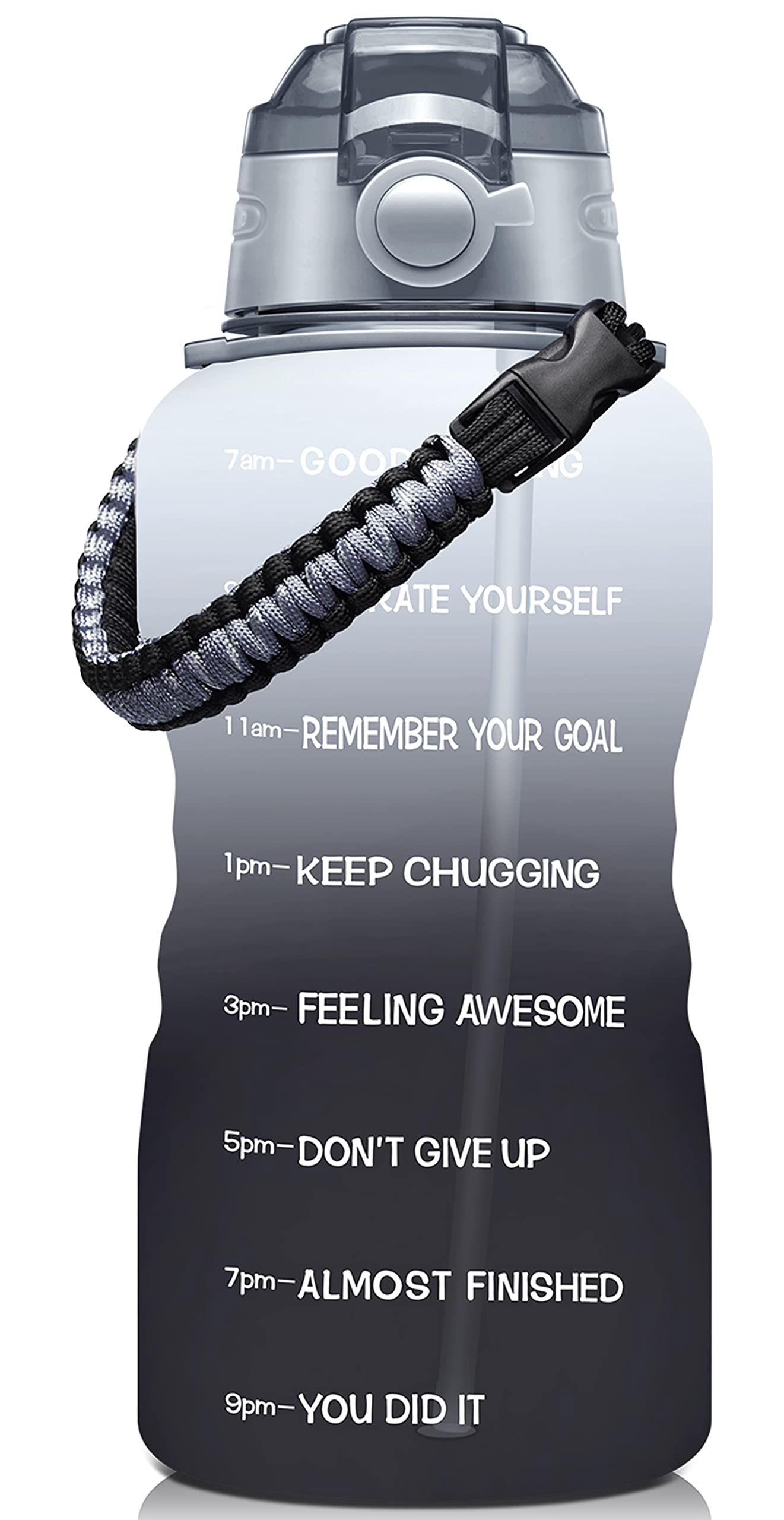 Fidus Large Half Gallon/64OZ Motivational Water Bottle with Paracord Handle & Removable Straw - BPA Free Leakproof Water Jug with Time Marker to Ensure You Drink Enough Water Daily-White/Gray