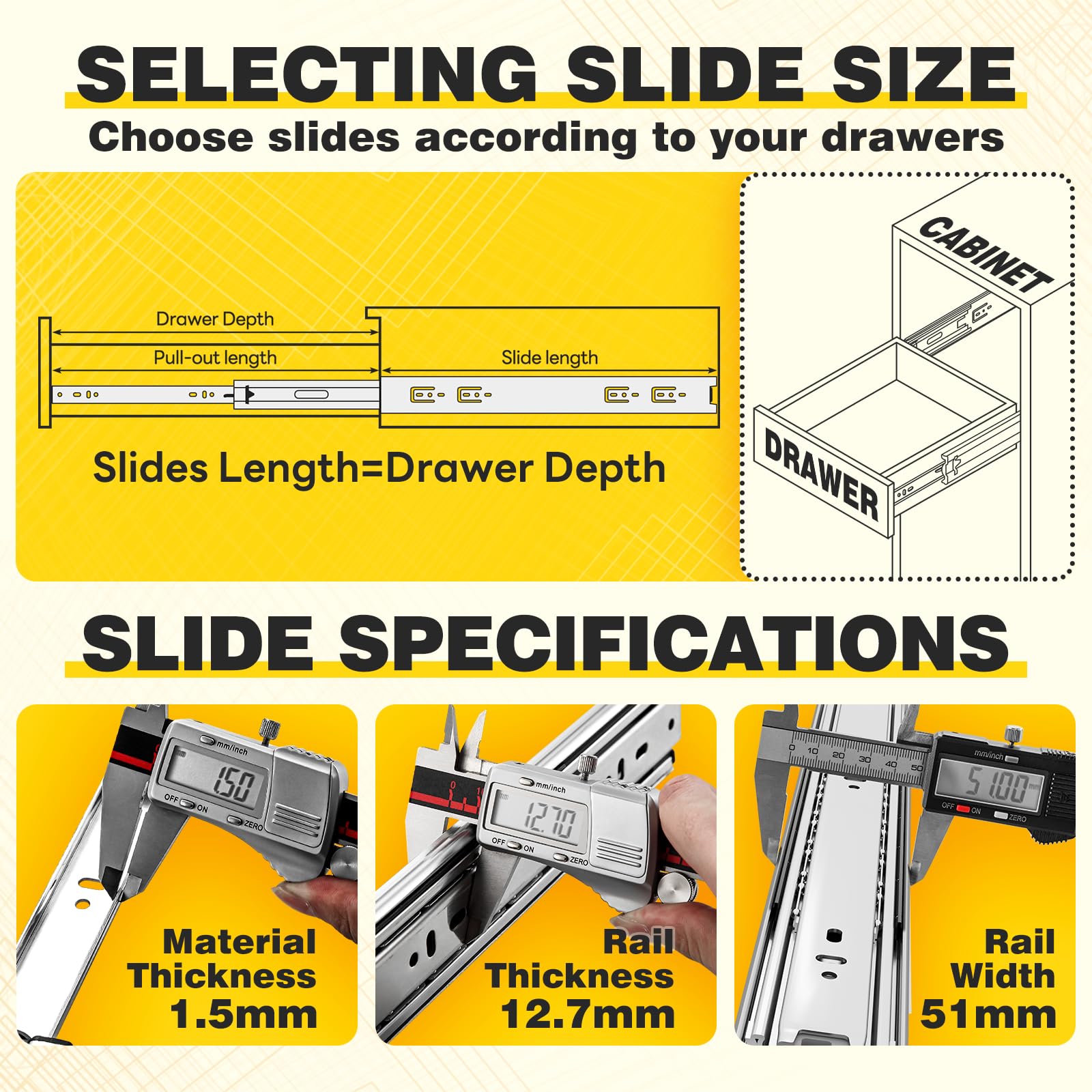 AOLISHENG 1 Pair Heavy Duty Drawer Slides 12 14 16 18 20 22 24 26 28 30 32 34 36 38 40 Inch 100 lb Load Capacity Side Mount Full Extension Ball Bearing Cabinet Rails Tool Box Runners Tracks Glides