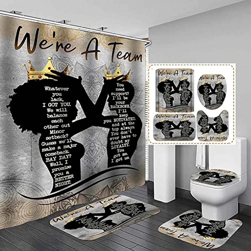 XVWJ 4PCS African American Shower Curtain Sets, Inspirational Quotes Black King Queen Bathroom Decor Sets with Shower Curtain and Rugs, Toilet Lid Cover, Bath Mat, Romantic Afro Couple Shower Curtains