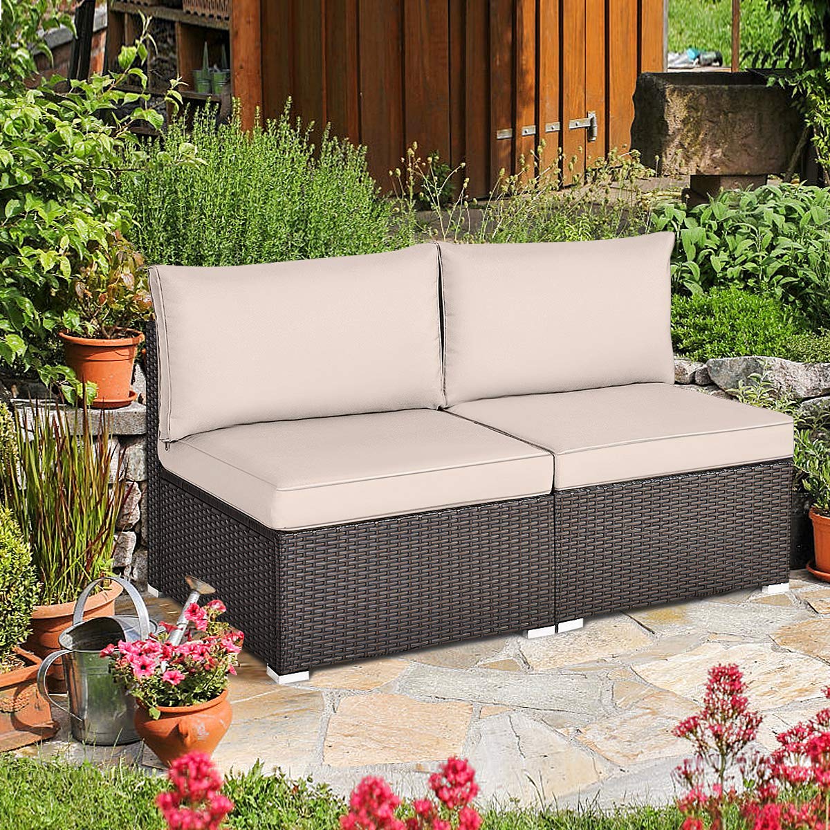 HAPPYGRILL 2PCS Patio Armless Sofa Set Outdoor Rattan Wicker Sectional Sofa Chairs with Cushions for Garden Balcony Patio Poolside