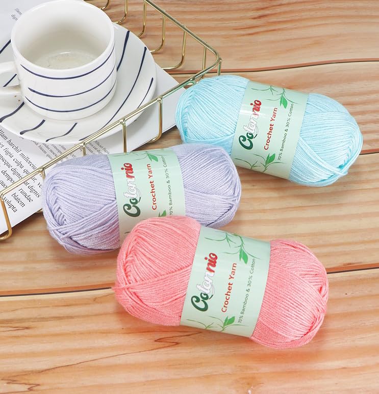 8 Skeins Crochet Knitting Yarn 70% Rayon derived from Bamboo, 30% Cotton Superfine Fingering Weight Sunny Cat Cotonnio Imported (Aegean Blue)