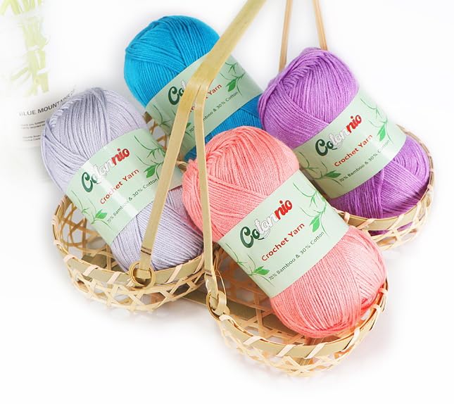 8 Skeins Crochet Knitting Yarn 70% Rayon derived from Bamboo, 30% Cotton Superfine Fingering Weight Sunny Cat Cotonnio Imported (Aegean Blue)