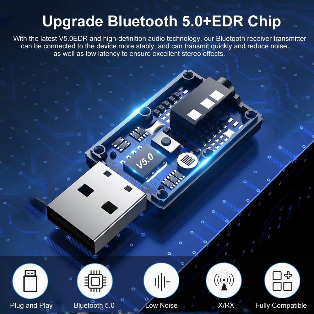 BAVNCO Bluetooth Car Adapter, Mini Bluetooth 5.0 Stereo Transmitter Receiver Wireless 3.5mm Aux Jack Adapter Hands-Free Car Kit Built-in Mic for Car Aux, Home Stereo, Headphones, PC,TV and More