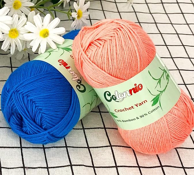 8 Skeins Crochet Knitting Yarn 70% Rayon derived from Bamboo, 30% Cotton Superfine Fingering Weight Sunny Cat Cotonnio Imported (Aegean Blue)