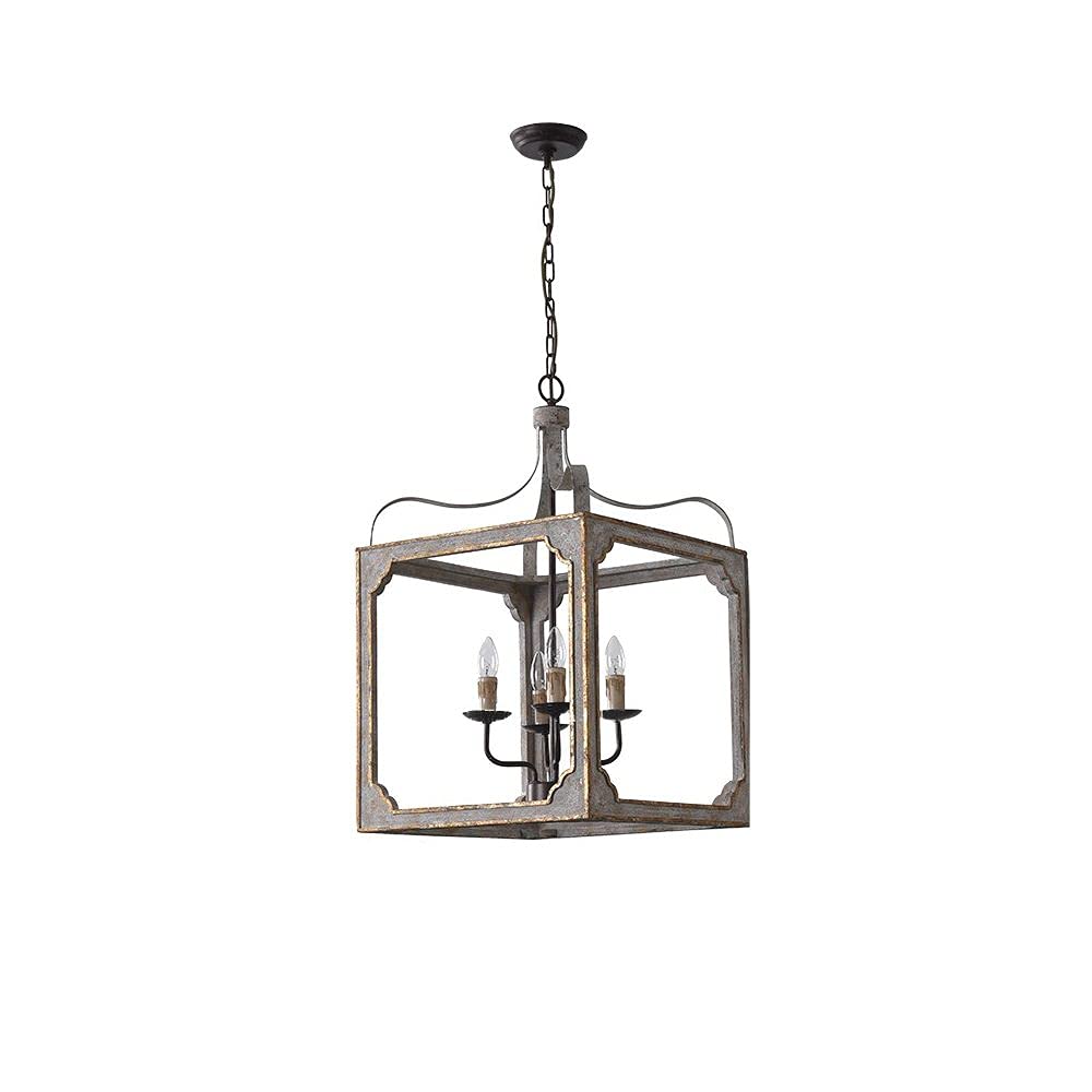 JiuZhuo French Country Rustic 4-Light Square Lantern Farmhouse Chandelier Lighting Hanging Ceiling Fixture Metal and Wood in Antique Gray & Antique Gold