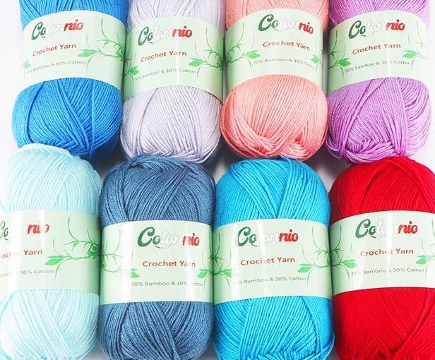8 Skeins Crochet Knitting Yarn 70% Rayon derived from Bamboo, 30% Cotton Superfine Fingering Weight Sunny Cat Cotonnio Imported (Aegean Blue)