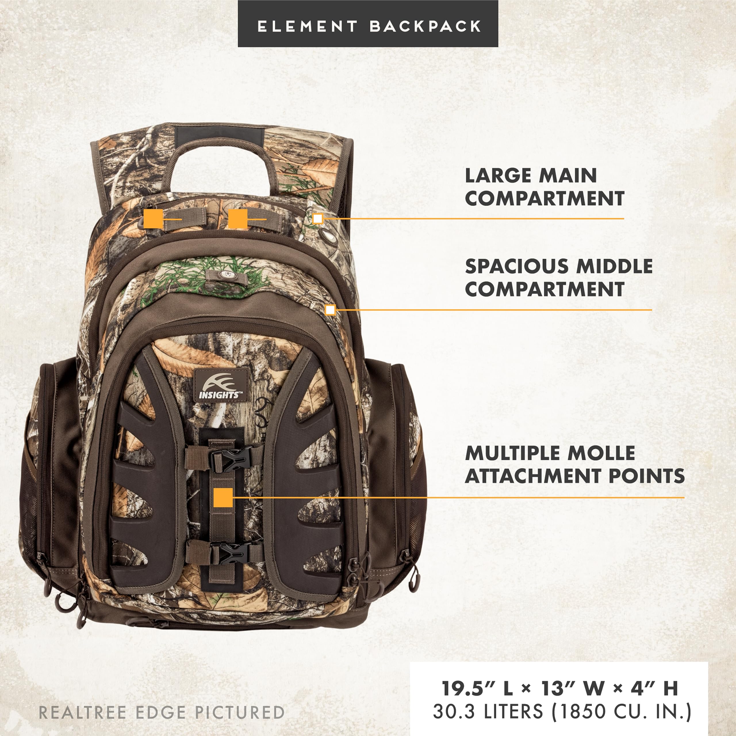Insights Hunting by frogg toggs- The Element, Heavy Duty 1,831 Cubic Inch Outdoor Hiking Fishing Camping Hunting Backpack with Rain Fly, Solid Elements Brown