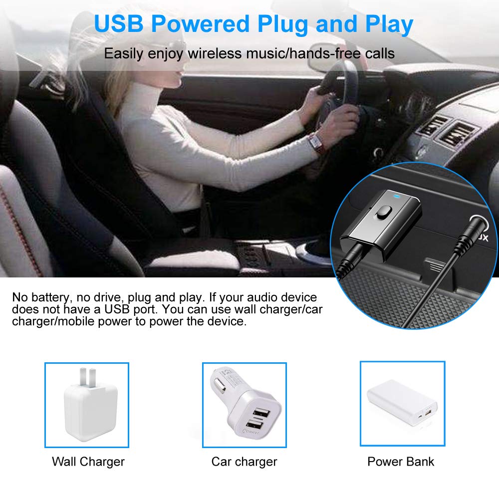 BAVNCO Bluetooth Car Adapter, Mini Bluetooth 5.0 Stereo Transmitter Receiver Wireless 3.5mm Aux Jack Adapter Hands-Free Car Kit Built-in Mic for Car Aux, Home Stereo, Headphones, PC,TV and More