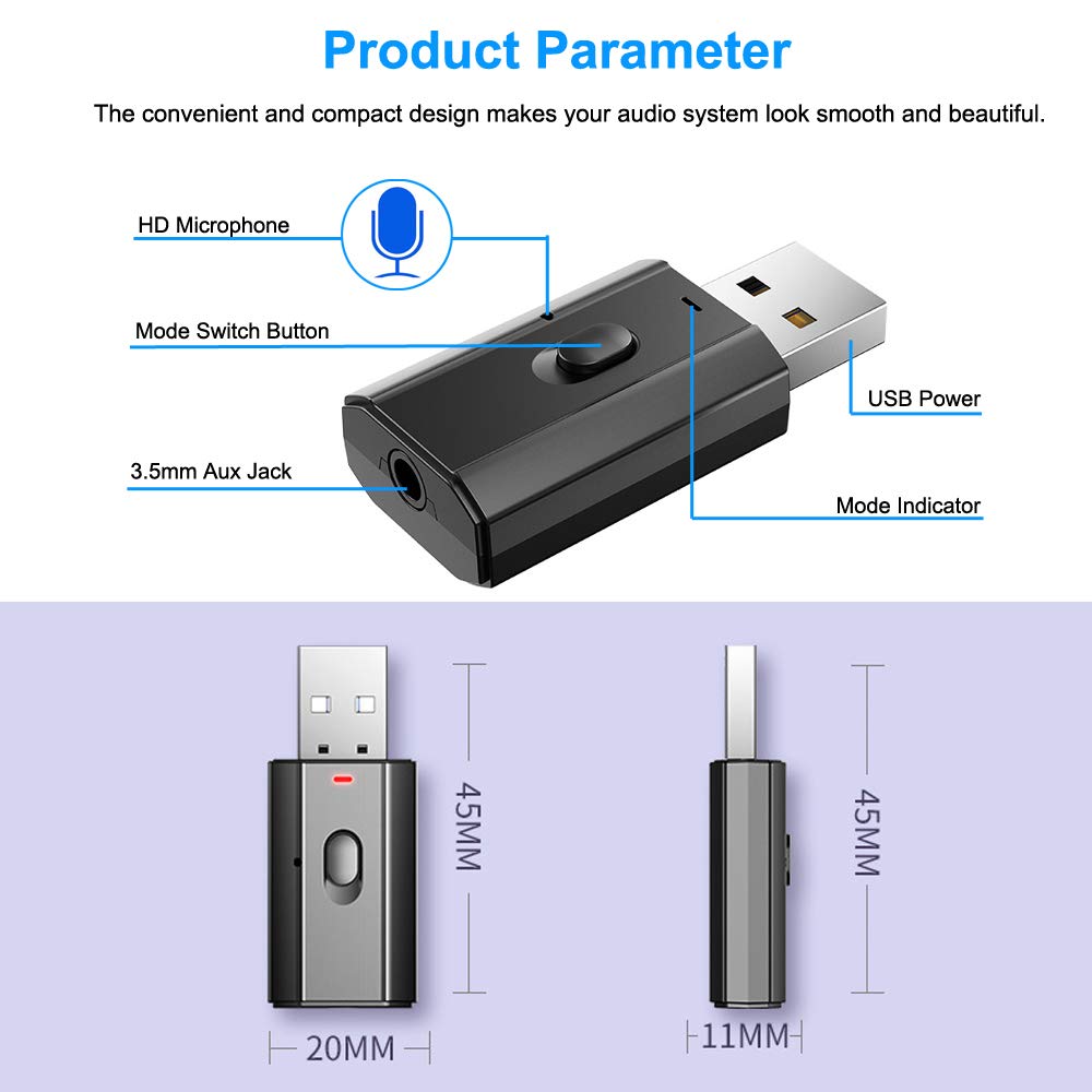 BAVNCO Bluetooth Car Adapter, Mini Bluetooth 5.0 Stereo Transmitter Receiver Wireless 3.5mm Aux Jack Adapter Hands-Free Car Kit Built-in Mic for Car Aux, Home Stereo, Headphones, PC,TV and More