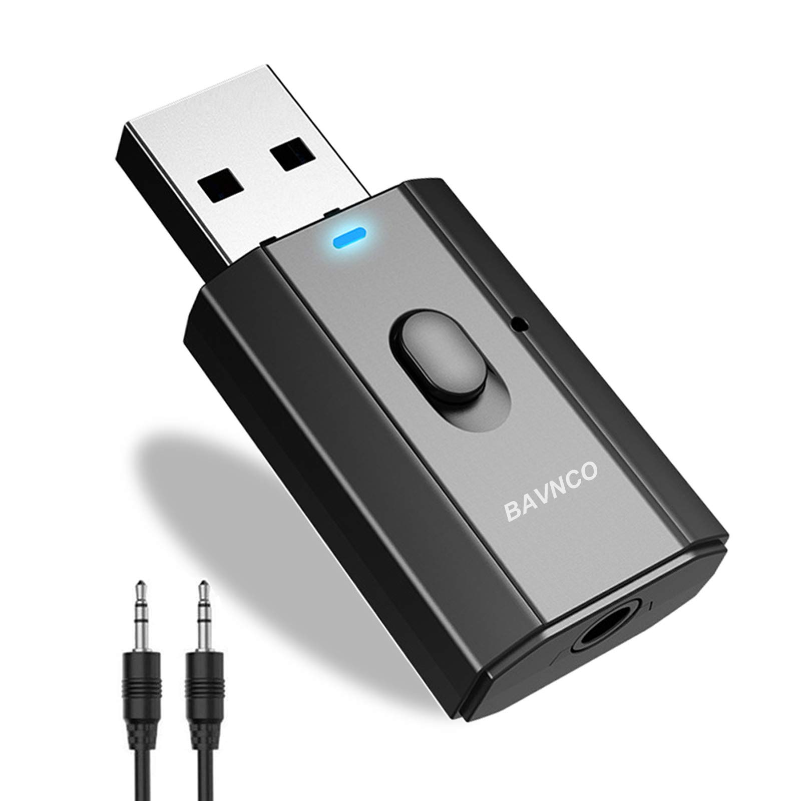 BAVNCO Bluetooth Car Adapter, Mini Bluetooth 5.0 Stereo Transmitter Receiver Wireless 3.5mm Aux Jack Adapter Hands-Free Car Kit Built-in Mic for Car Aux, Home Stereo, Headphones, PC,TV and More