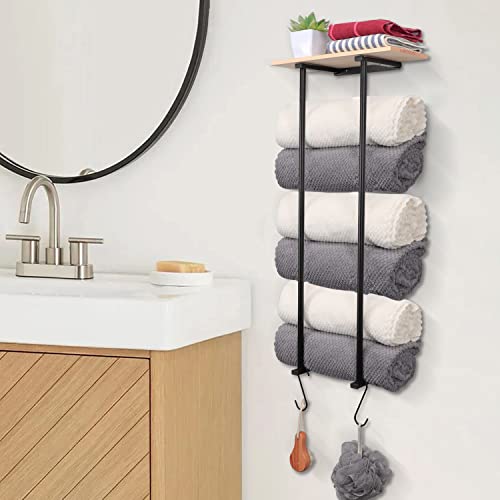 TocTen Towel Rack for Bathroom Wall Mounted, Bathroom Towel Holders with Wooden Shelf Wall Towel Rack, Bath Wall Towel Organizer for Rolled Towels, Large Towel, Washcloths, Spa, Salon(Matte Black)